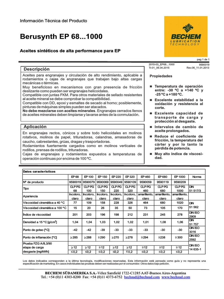 Aceite Berusynth | Descargar gratis PDF | Engranaje | Ingeniería mecánica