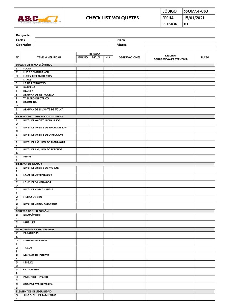 Check List de Volquetes | Descargar gratis PDF | Vehículo de motor ...
