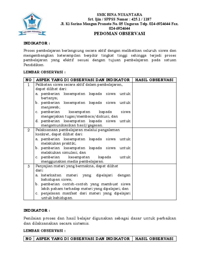 Pedoman Observasi | PDF