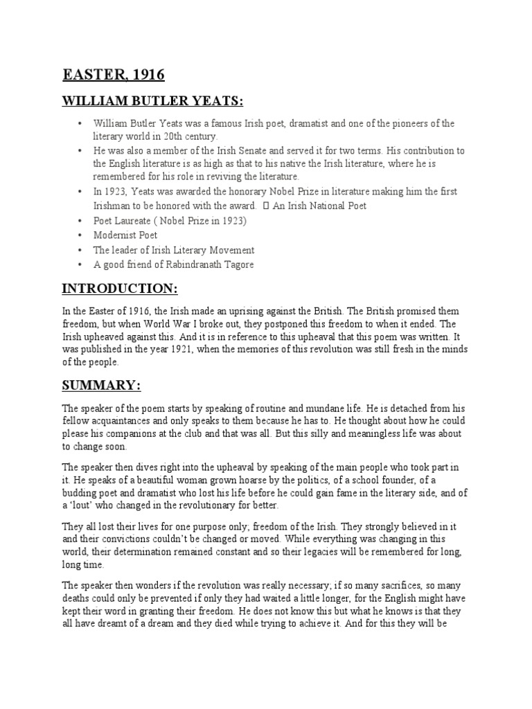 EASTER, 1916: William Butler Yeats | PDF | W. B. Yeats | Poetry