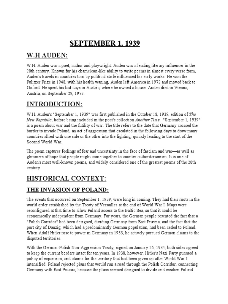 SEPTEMBER 1, 1939: W.H Auden | PDF | Nazi Germany | Germany