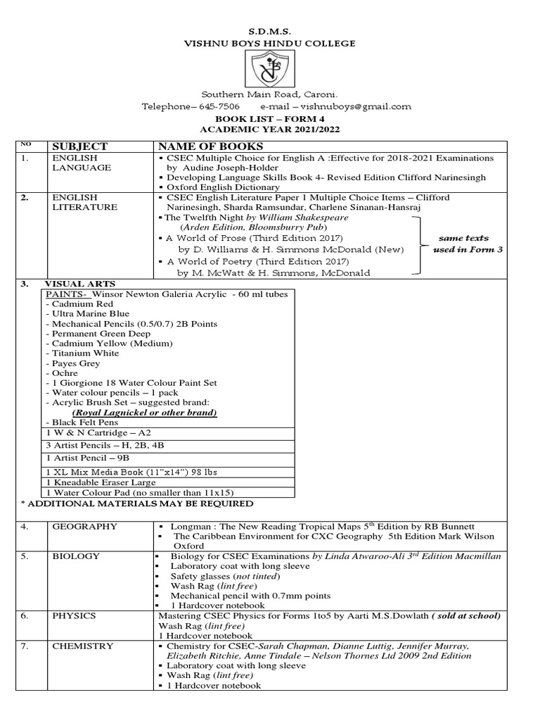 VBHC Form 4 Booklist - 2021-2022 | PDF