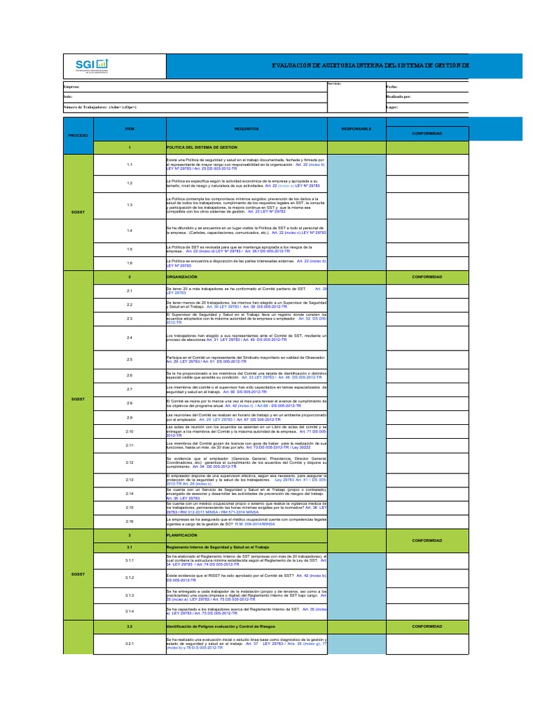 Check List Auditoria Interna de SGSST | PDF | Seguridad y salud ...