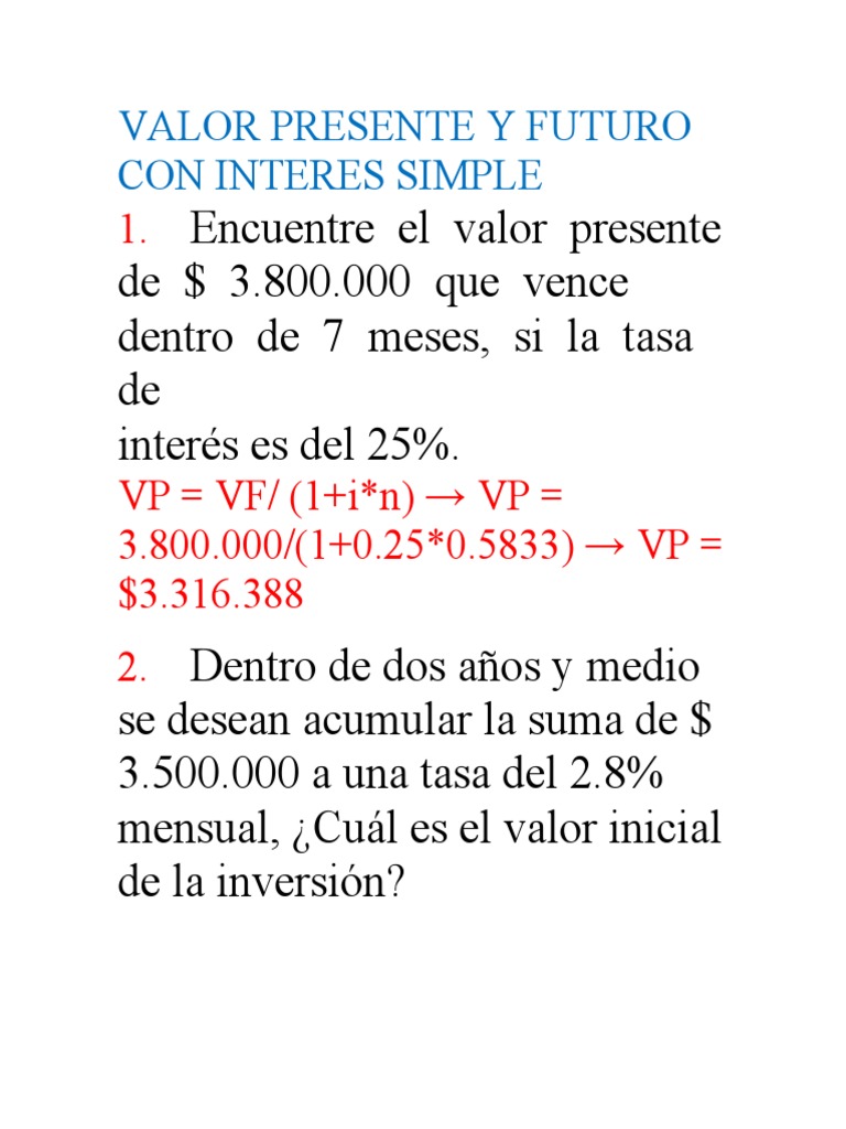 Cálculo del valor presente y futuro con interés simple | PDF | Interés ...