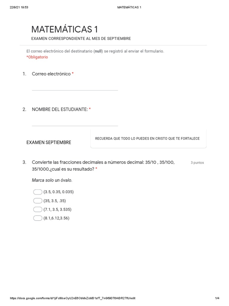 EXAMEN MATE.1 SEPTIEMBRE (2021) - Formularios de Google | PDF | Aritmética