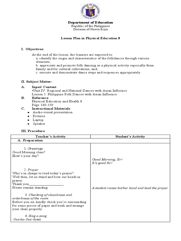 Detailed Lesson Plan in P.E 8 | PDF | Dances