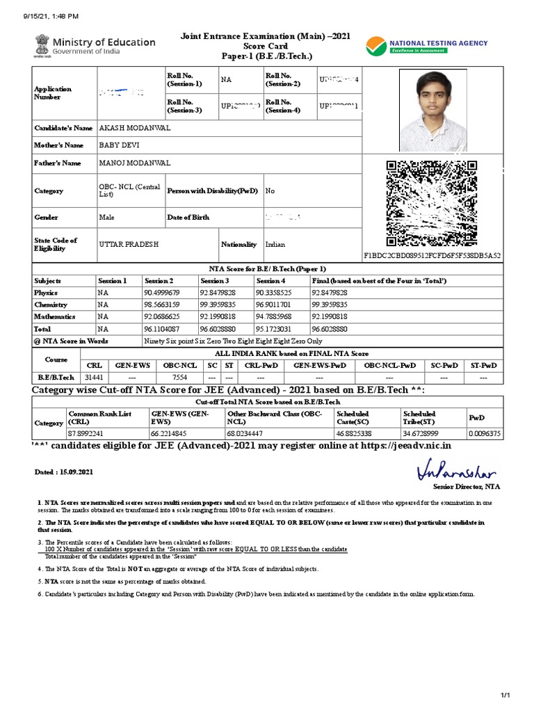 Joint Entrance Examination (Main) - 2021 Score Card Paper-1 (B.E./B ...