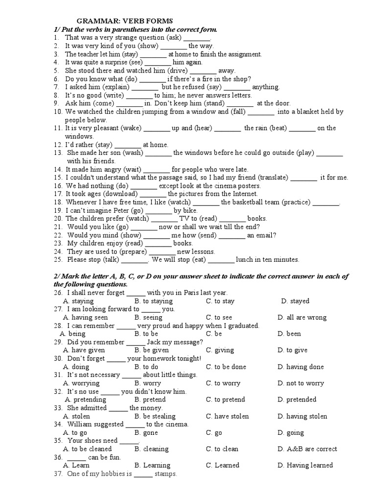 Verb Form Exercises and Answers | PDF