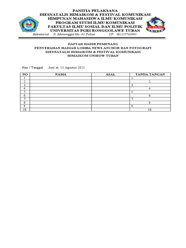 Daftar Hadir Pemenang Penyerahan Hadiah | PDF