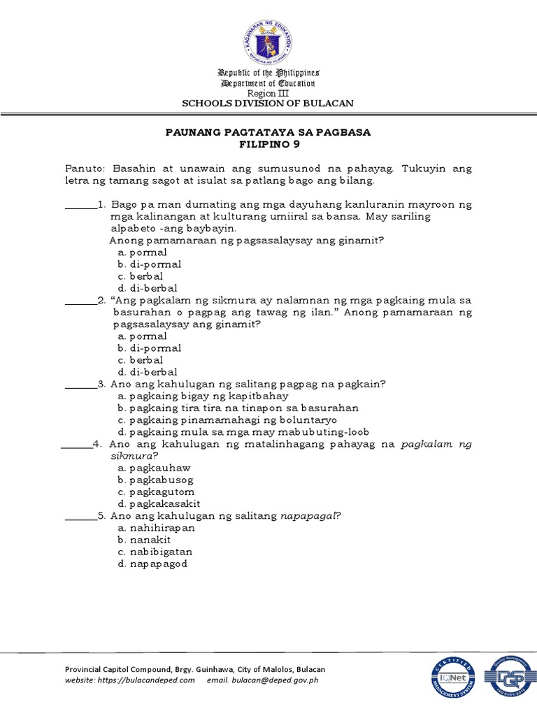 Sdo Bulacan Paunang Pagsusulit Filipino9 | PDF