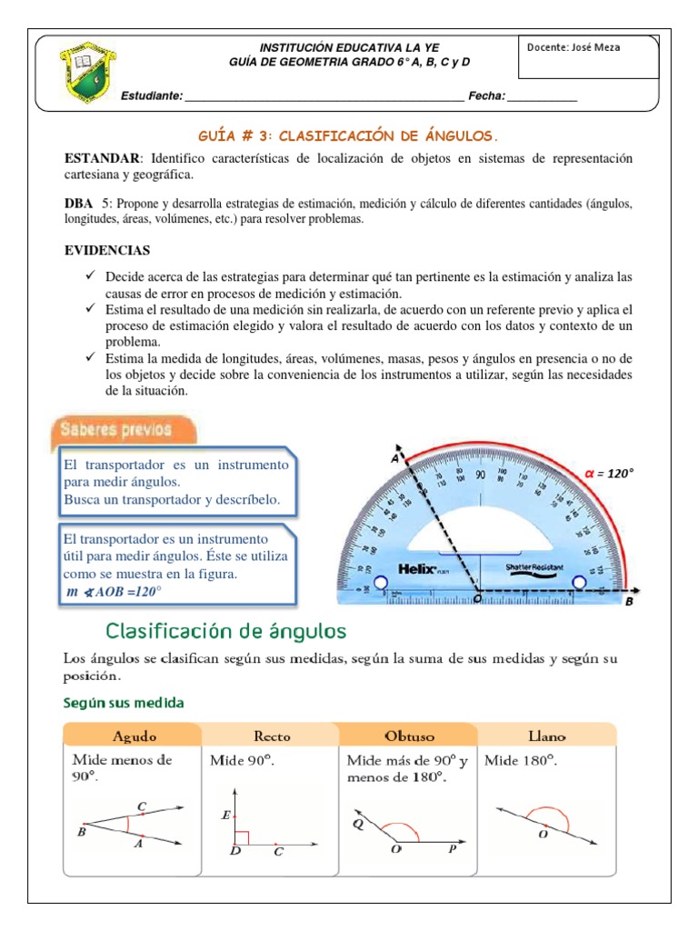 Guia N°3 Geometria 6° - Clasificacion de Angulos | PDF