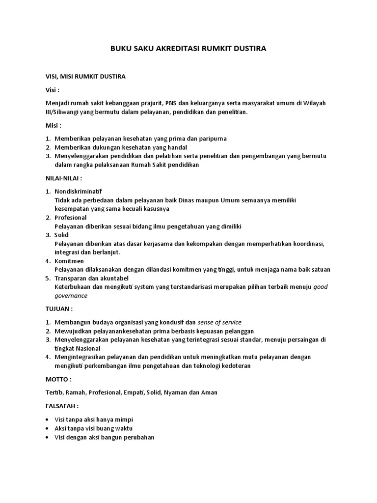 Buku Saku Akreditasi Rumkit Dustira | PDF