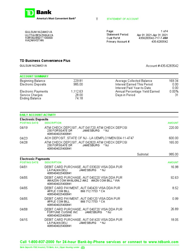 TD Business Account Statement Summary | PDF | Debit Card | Overdraft