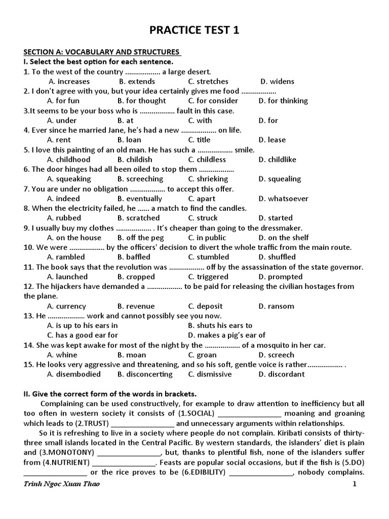 Practice Test 1: Section A: Vocabulary and Structures I. Select The ...