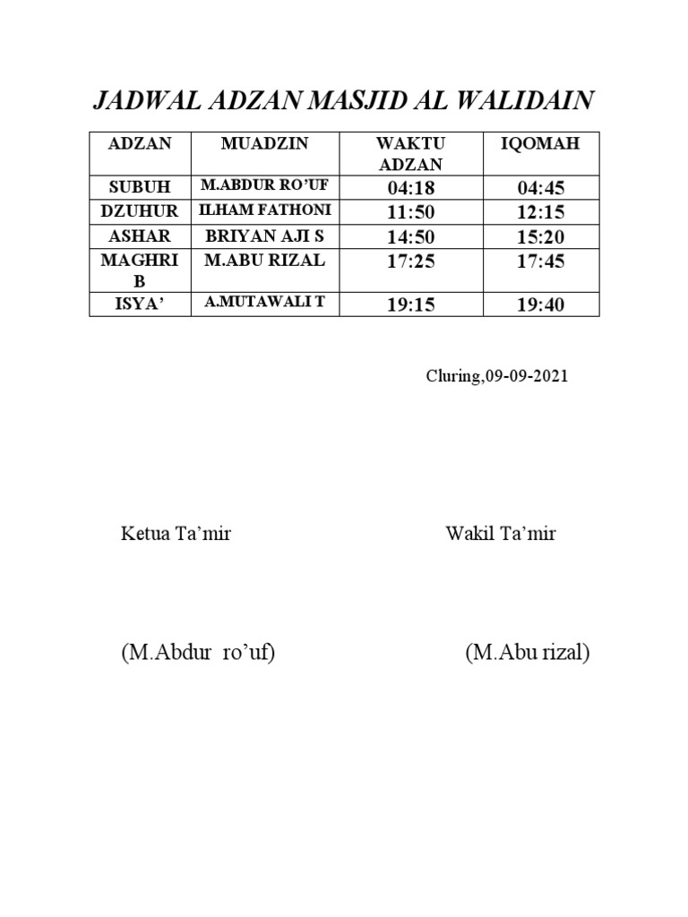 Jadwal Adzan Masjid Al Walidain | PDF