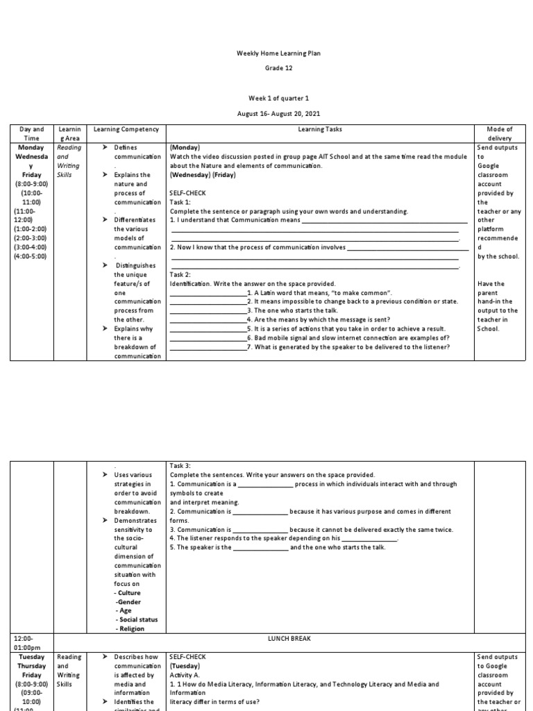 Grade 12 Weekly Learning Plan | PDF | Communication | Literacy