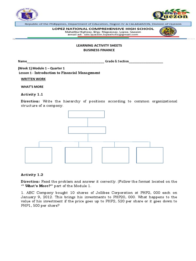 Q1 M1 M4 Business Finance Activity Sheet | PDF | Income Statement | Loans