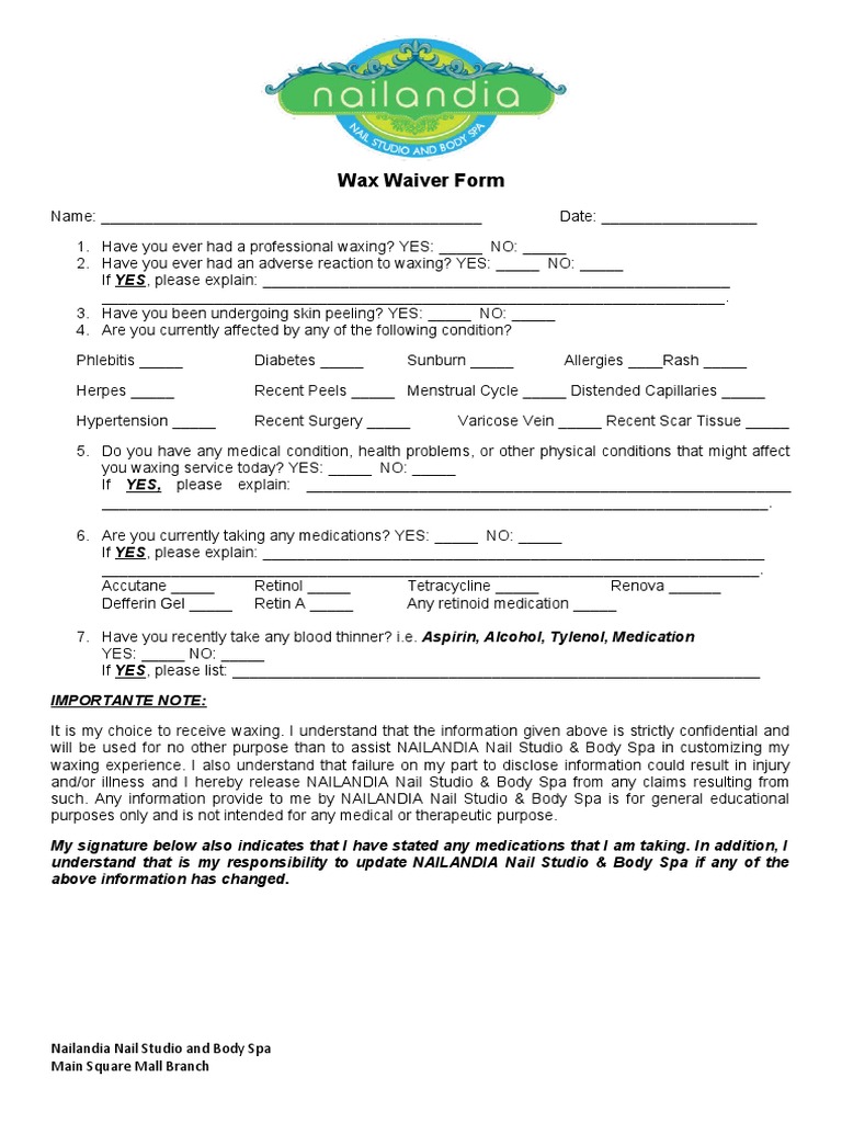 Wax Waiver Form | PDF | Health Sciences | Medicine