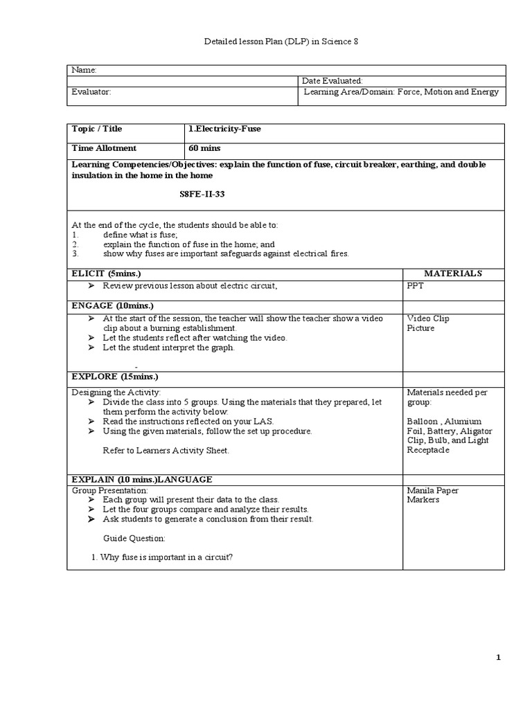 Lesson Plan (Demo) | PDF | Fuse (Electrical) | Electrical Engineering