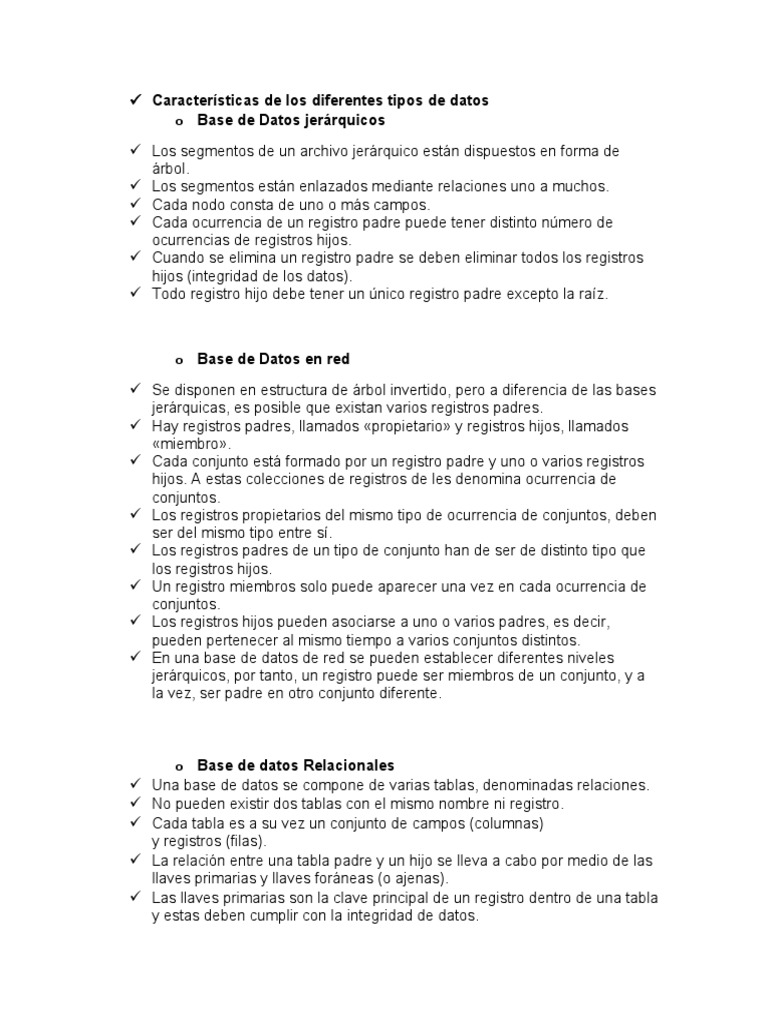 Características de Los Diferentes Tipos de Datos | PDF | Bases de datos ...