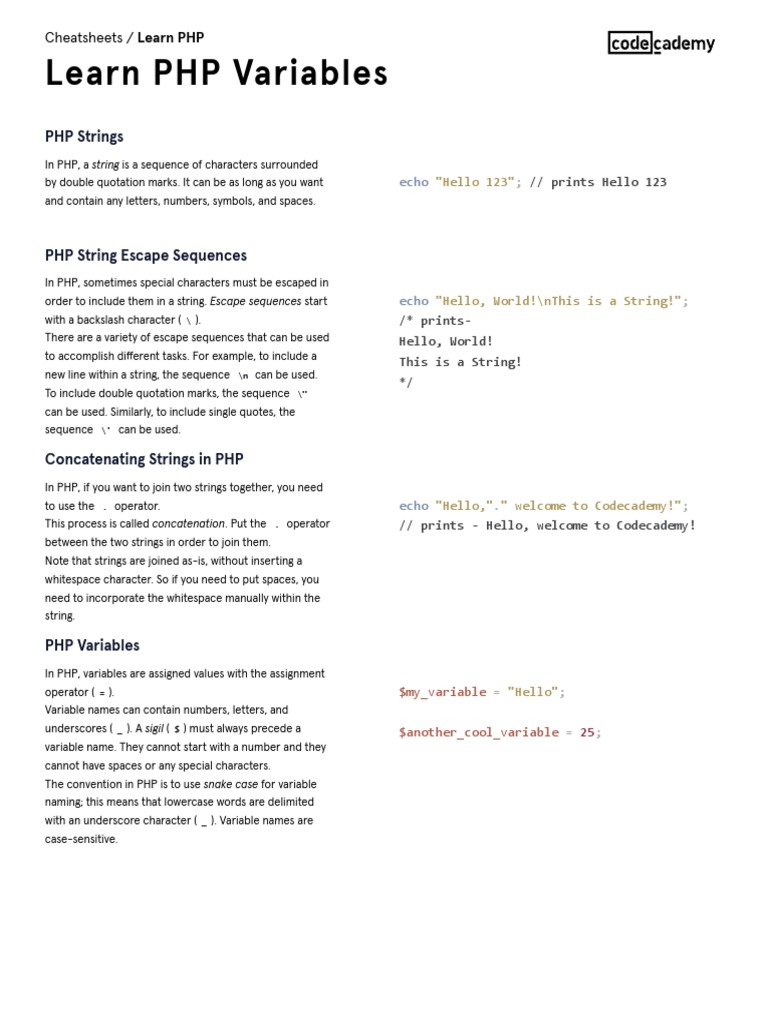 Learn PHP - Learn PHP Variables Cheatsheet - Codecademy | Download Free ... Learn PHP - Learn PHP Variables Cheatsheet - Codecademy | Download Free ...