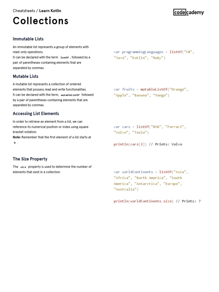 Learn Kotlin Collections Cheatsheet Codecademy Pdf Object Oriented Programming Models