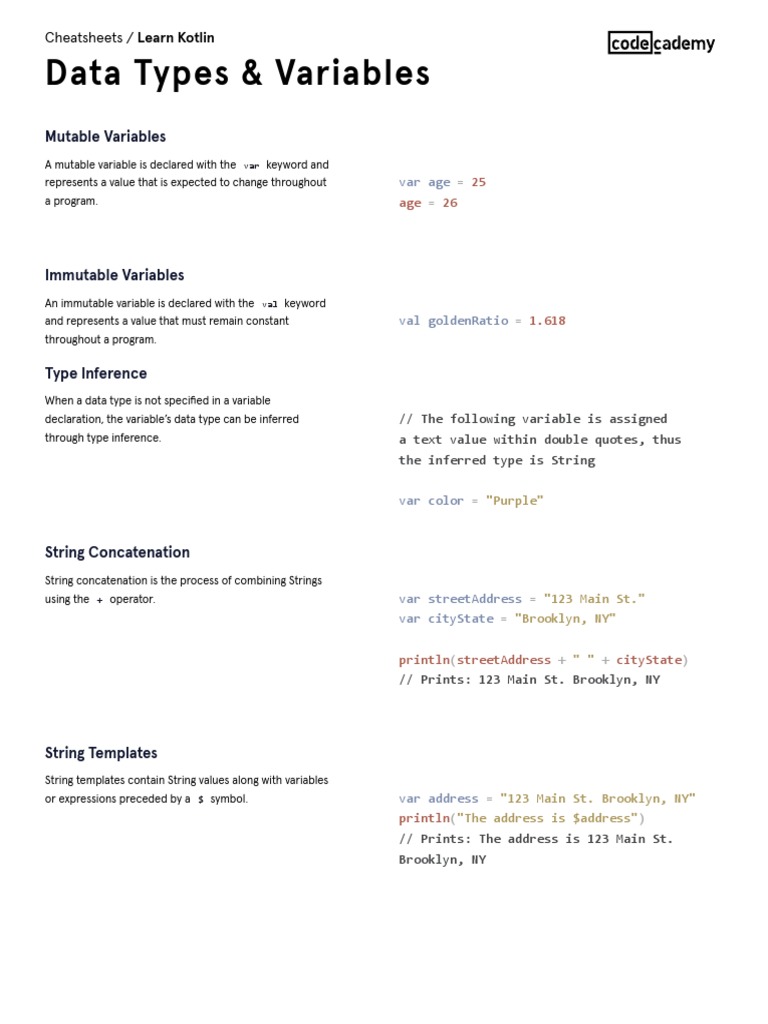 Learn Kotlin - Data Types & Variables Cheatsheet - Codecademy | PDF | String (Computer Science ...