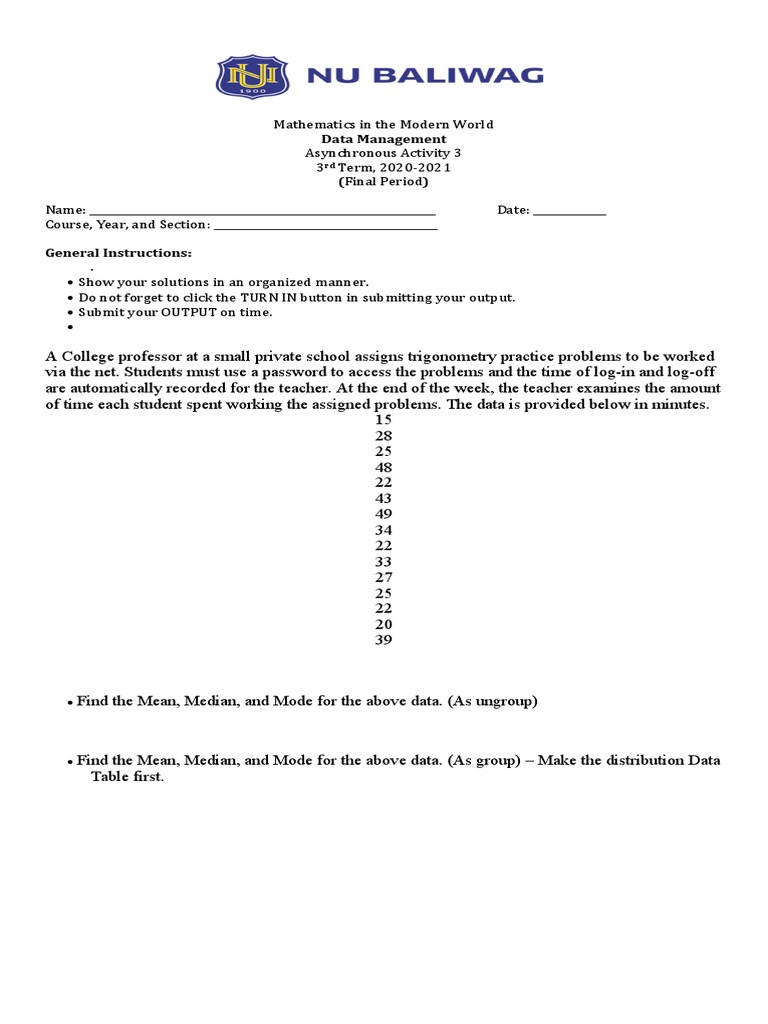 Asynchronous Activity 2 Mean, Median, Mode | PDF