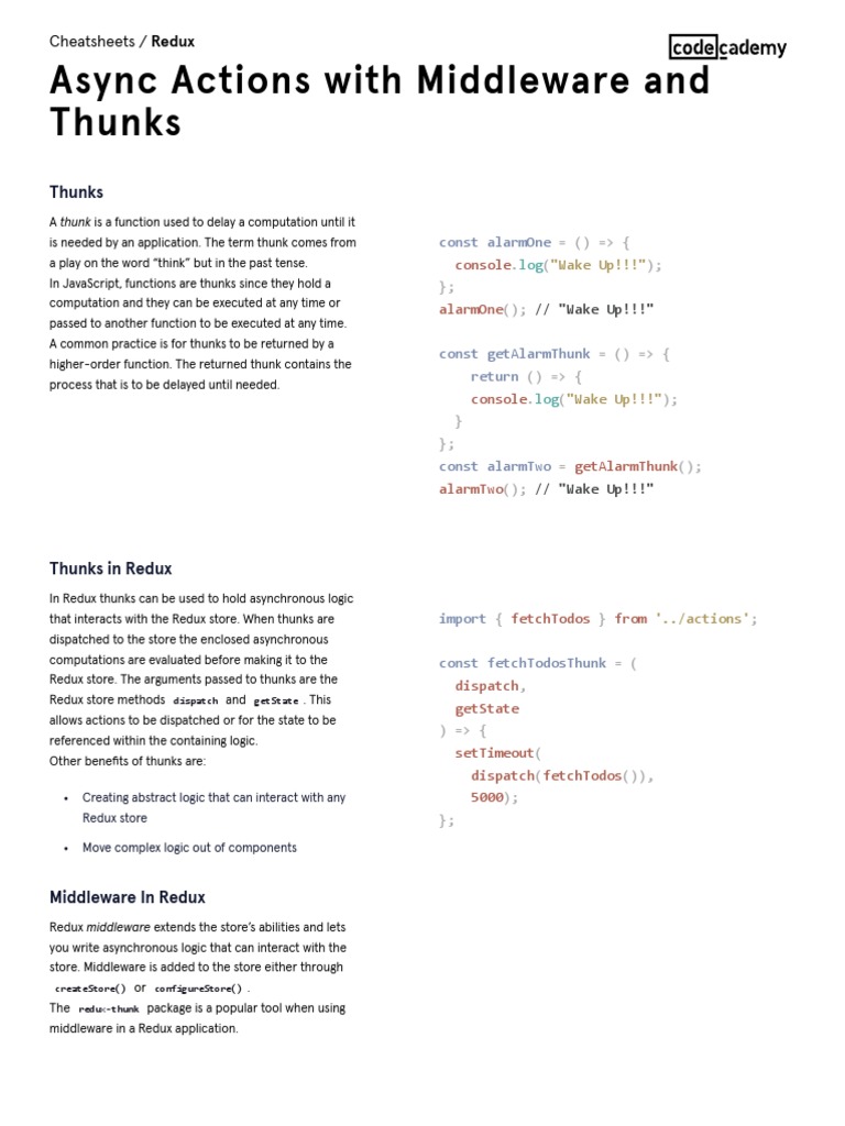 Redux - Async Actions With Middleware and Thunks Cheatsheet - Codecademy | PDF | Programming ...