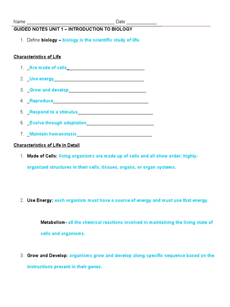 Guided Notes Unit 1 - Introduction To Biology | PDF | Life | Organisms