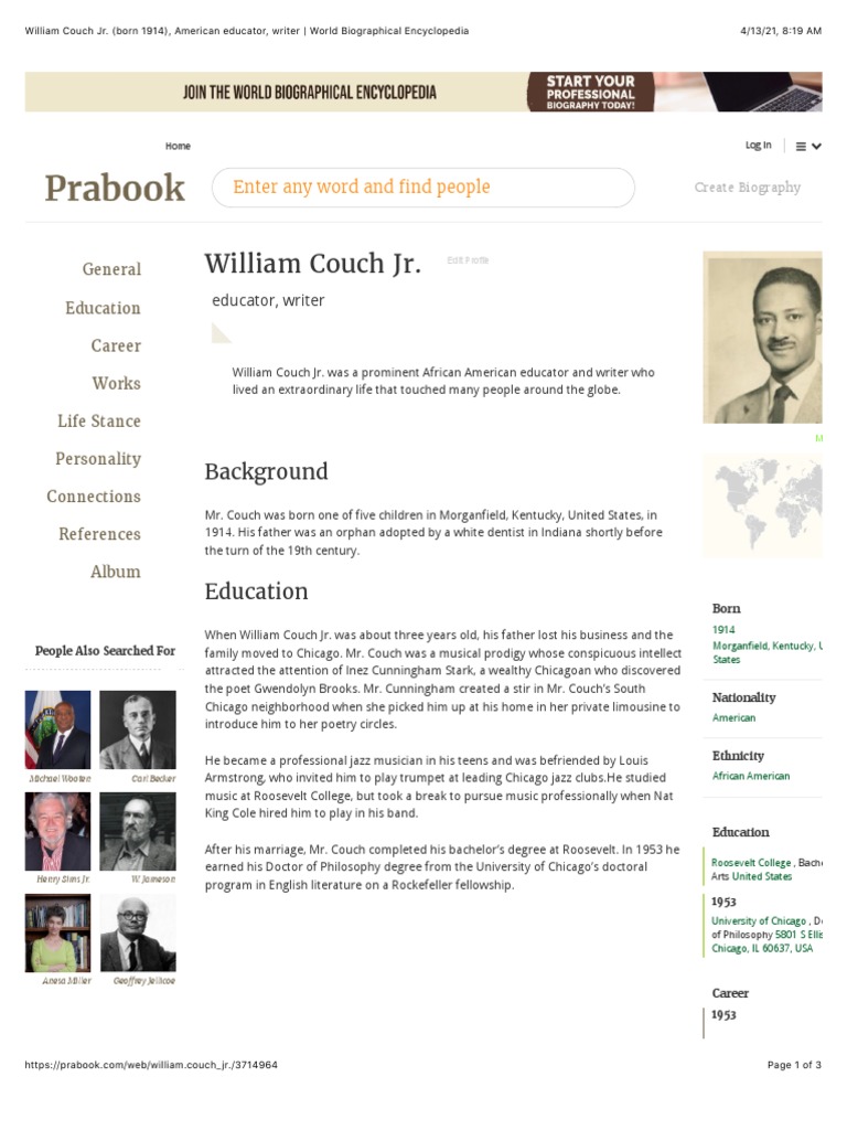 Couch William Couch Jr. (Born 1914), American Educator, Writer - World ...