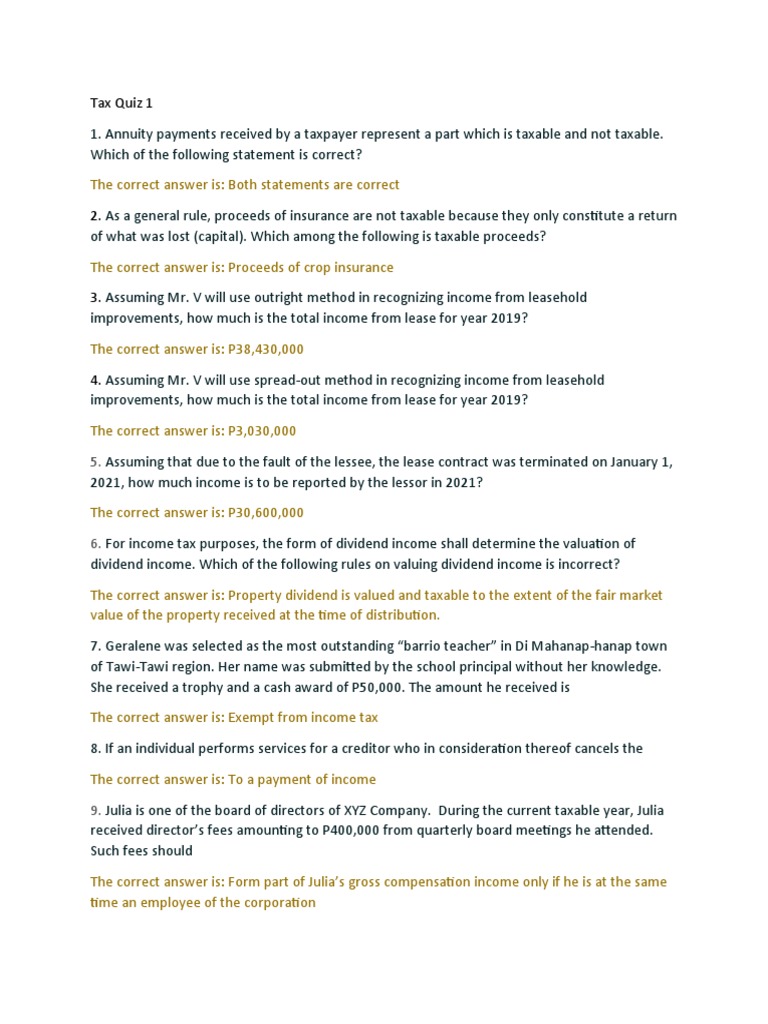 Tax Quiz 1 Key Points | PDF | Taxes | Lease