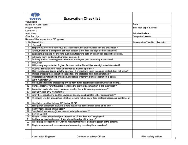 Excavation Checklist: Name of Contractor: Date: Location: Activities ...
