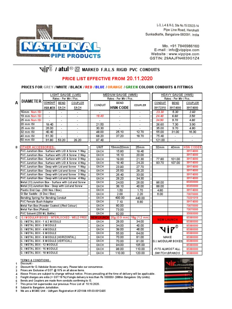 Price List Effective From: Marked F.R.L.S Rigid PVC Conduits | PDF ...