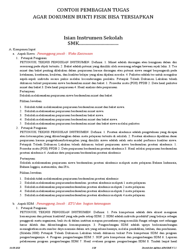 CONTOH Pen. JWB Isian Instrumen Penjaminan Mutu SMK | PDF | Karier ...