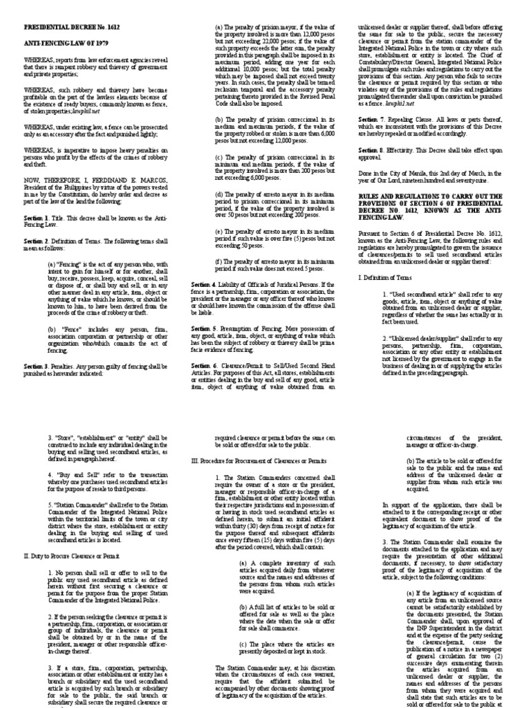 PD 1612 - Anti-Fencing Law | PDF | Theft | Common Law