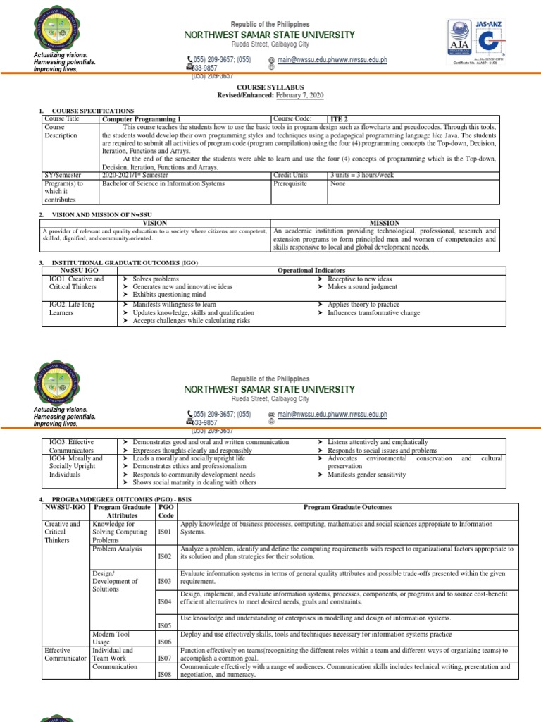 Northwest Samar State University: Course Syllabus Revised/Enhanced ...