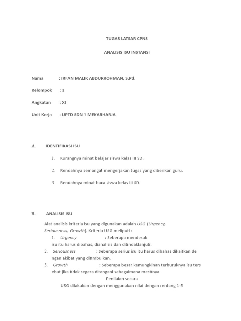 Contoh TUGAS LATSAR CPNS Analisis Isu Instansi | PDF