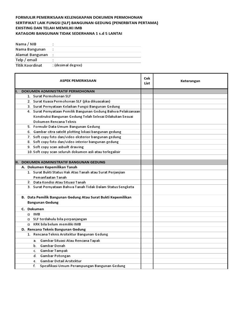 Cek List SLF - Tidak Sederhana - 1-5 LT | PDF