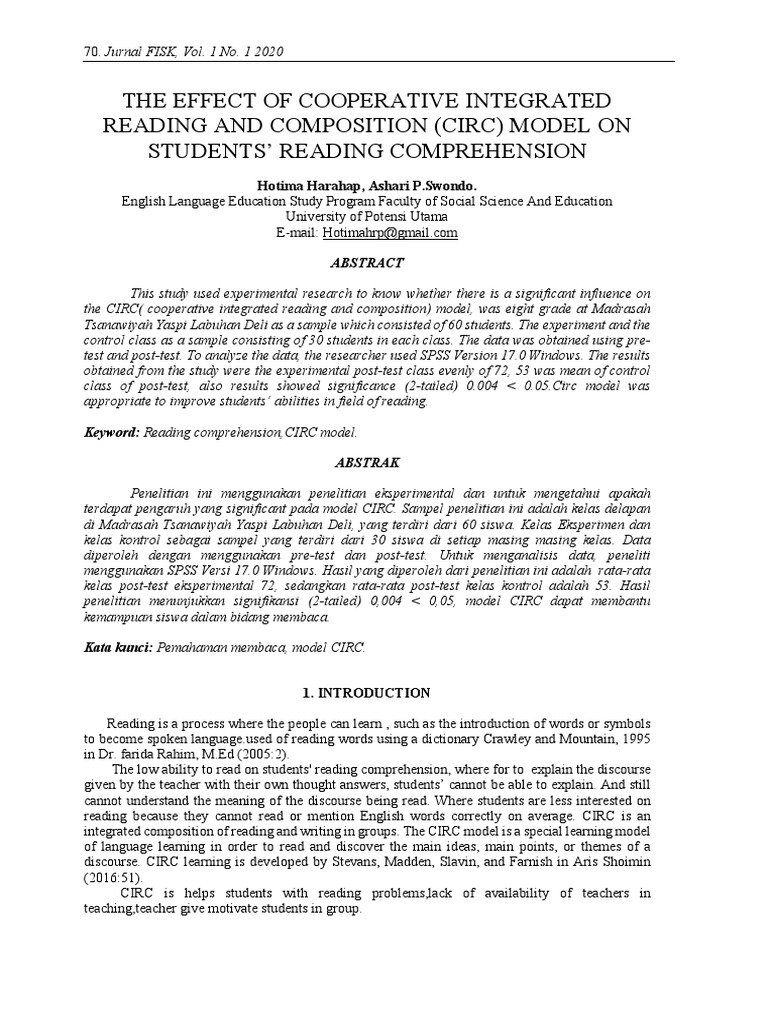 The Effect of Cooperative Integrated Reading and Composition (Circ) Model On Students' Reading ...