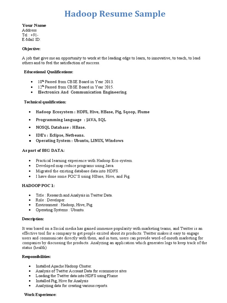 Hadoop Resume Sample | PDF | Apache Hadoop | Computing
