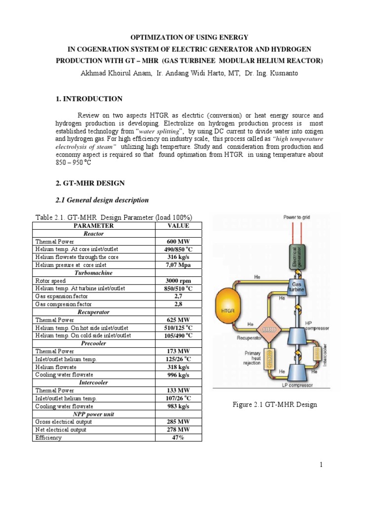Hydrogen Production With GT - MHR | PDF | Power (Physics) | Physical ...