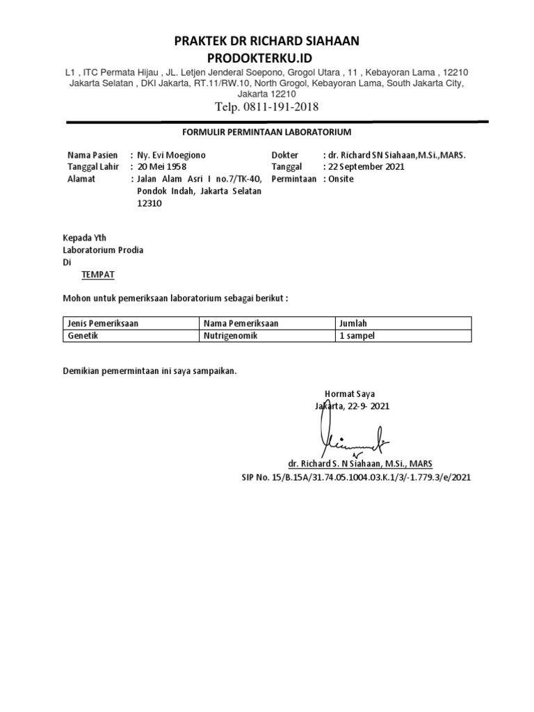 Form Permintaan Laboratorium Klinik - Ny. Evi Moegiono-Signed | PDF