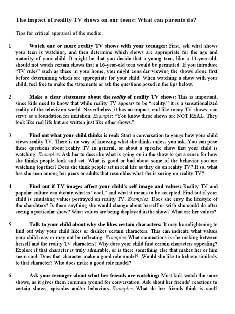 The Impact of Reality TV Shows On Our Teens | PDF | Adolescence ...