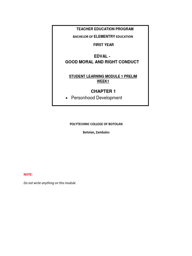 Edval - Good Moral and Right Conduct: Personhood Development | PDF ...