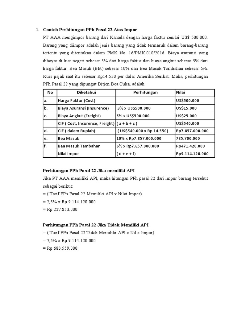 Contoh Perhitungan PPH Pasal 22 Atas Impor | PDF | Pengelolaan Keuangan ...