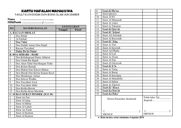 Form Hafalan Mahasiswa Febi | PDF
