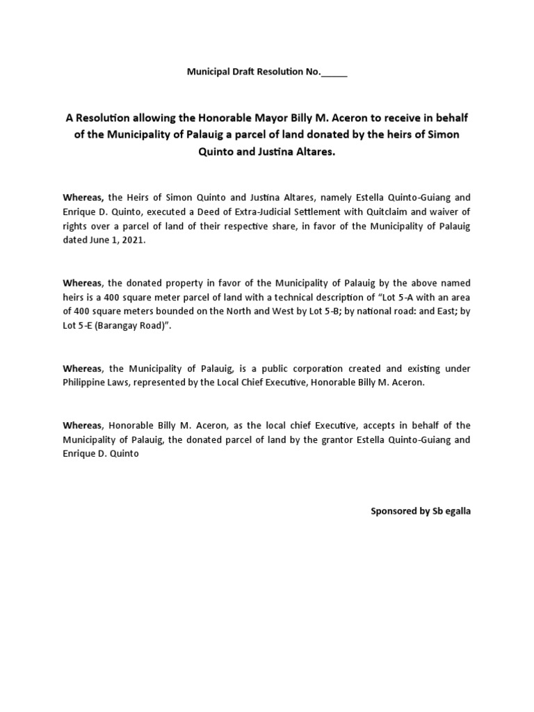 Resolution For Acceptance of Deed of Donation | PDF