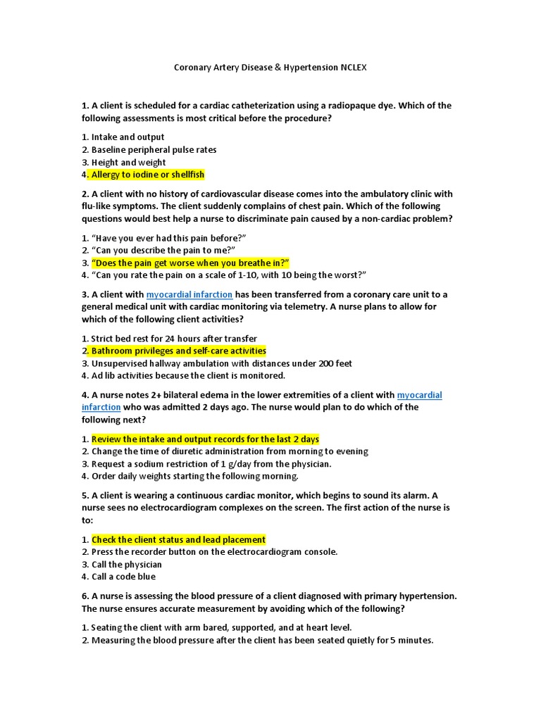 Coronary Artery Disease & Hypertension Nclex | PDF | Coronary ...