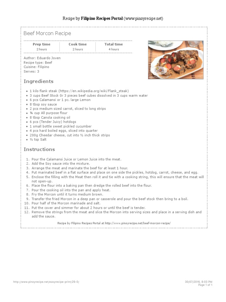 Beef Morcon Recipe: Ingredients | PDF | Beef | Cooking